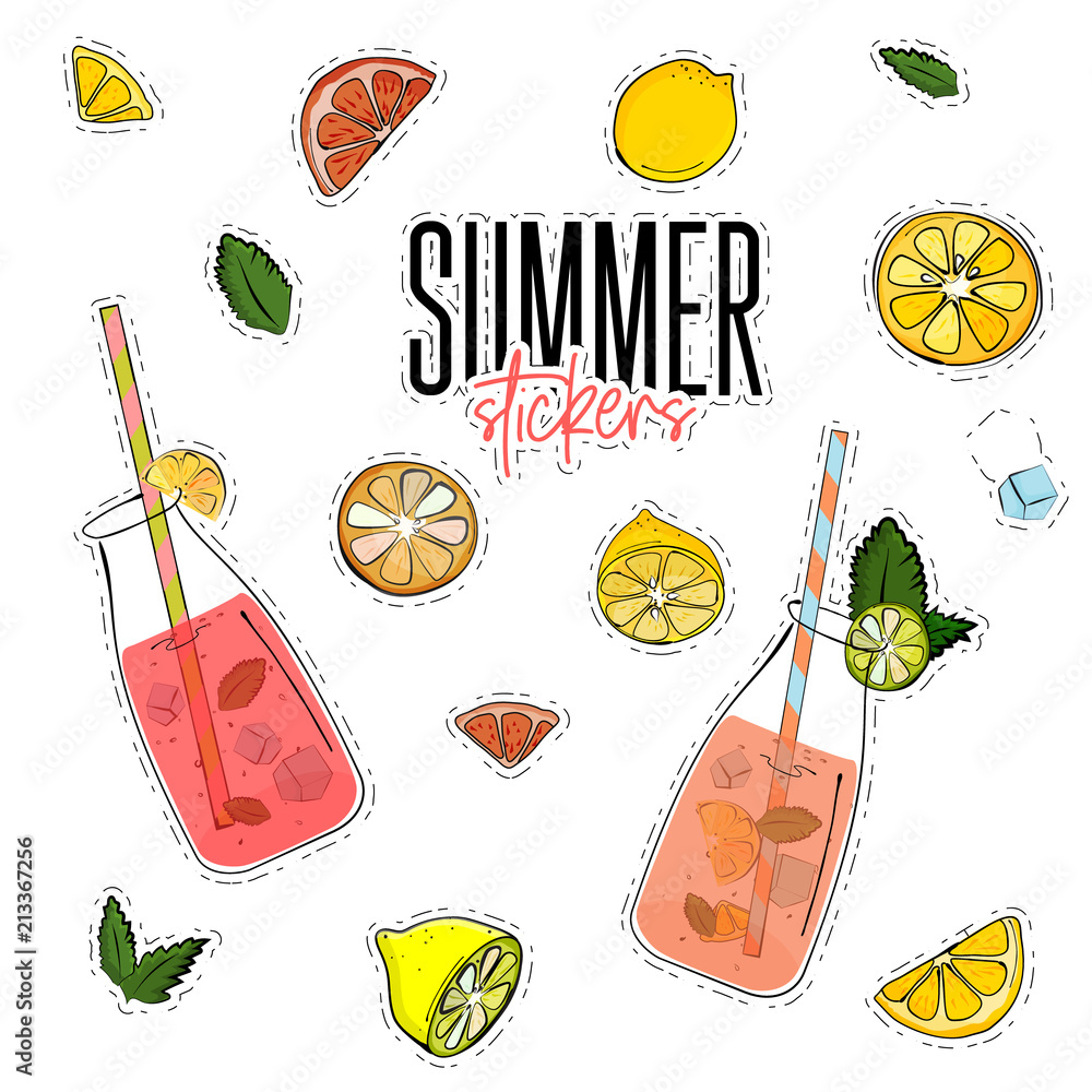 Vector summer set with lemonade jar, lemons, mint, ice cubes and ...