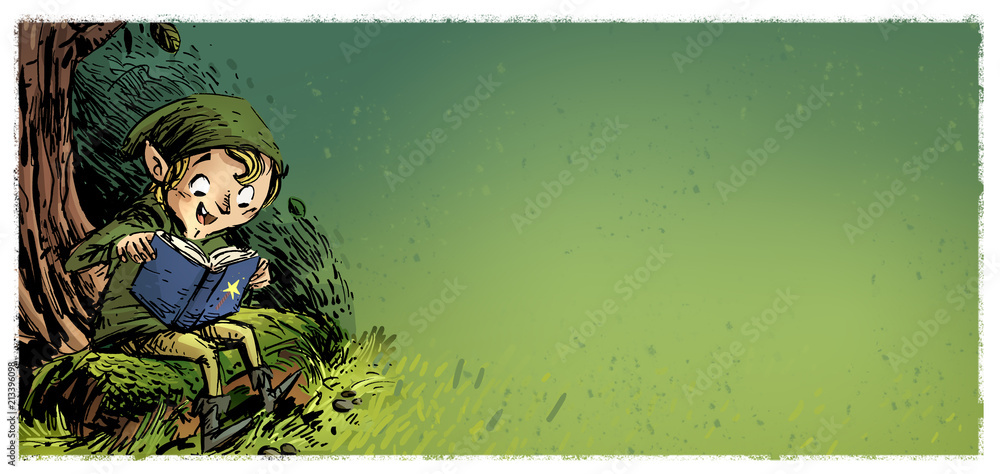 duende sentado leyendo un libro Stock Illustration | Adobe Stock