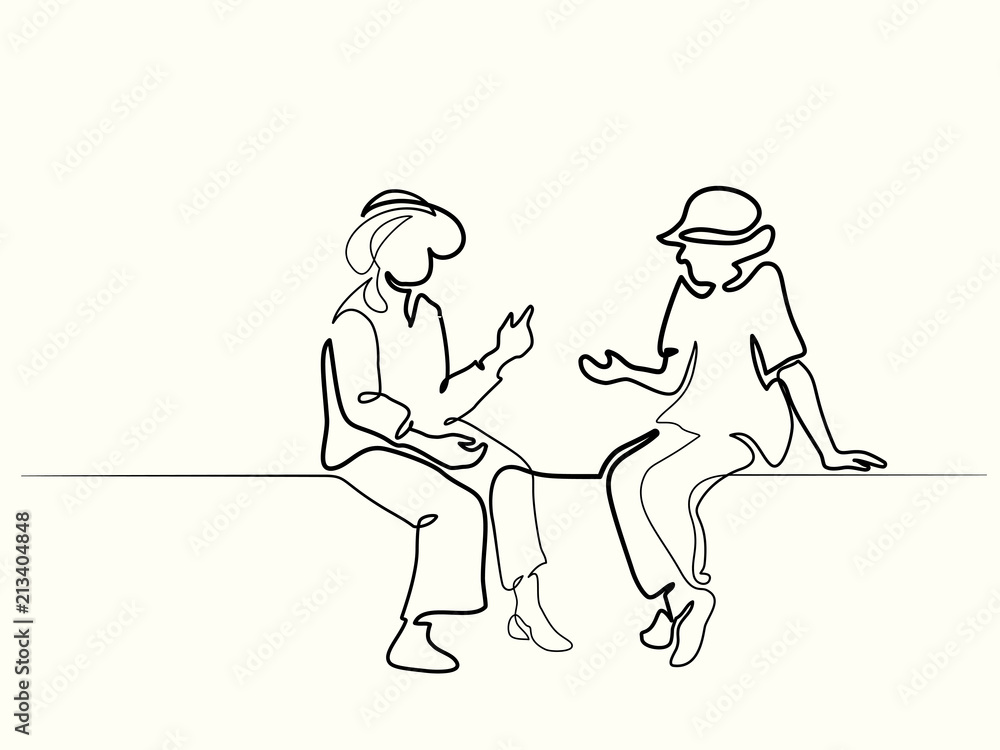 Continuous one line drawing. Two sitting old women talking. Vector ...