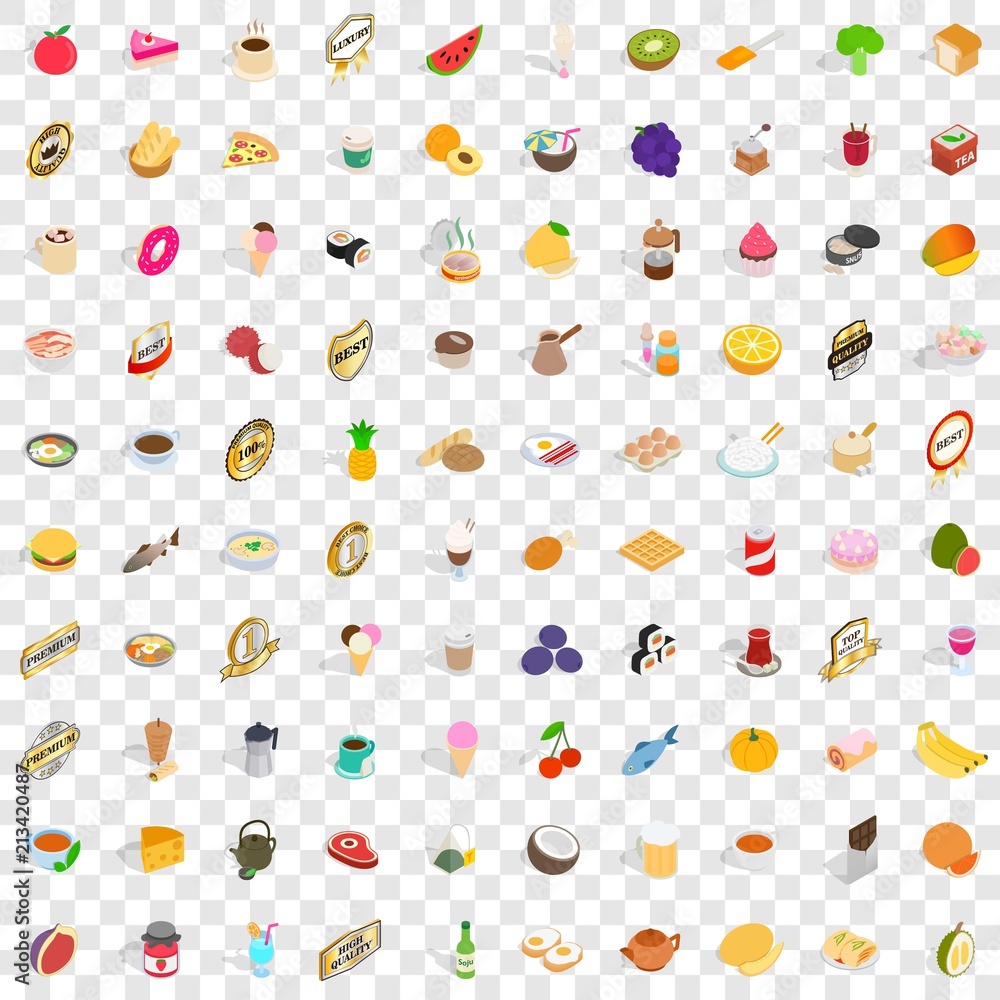100 food and drinks icons set in isometric 3d style for any design ...