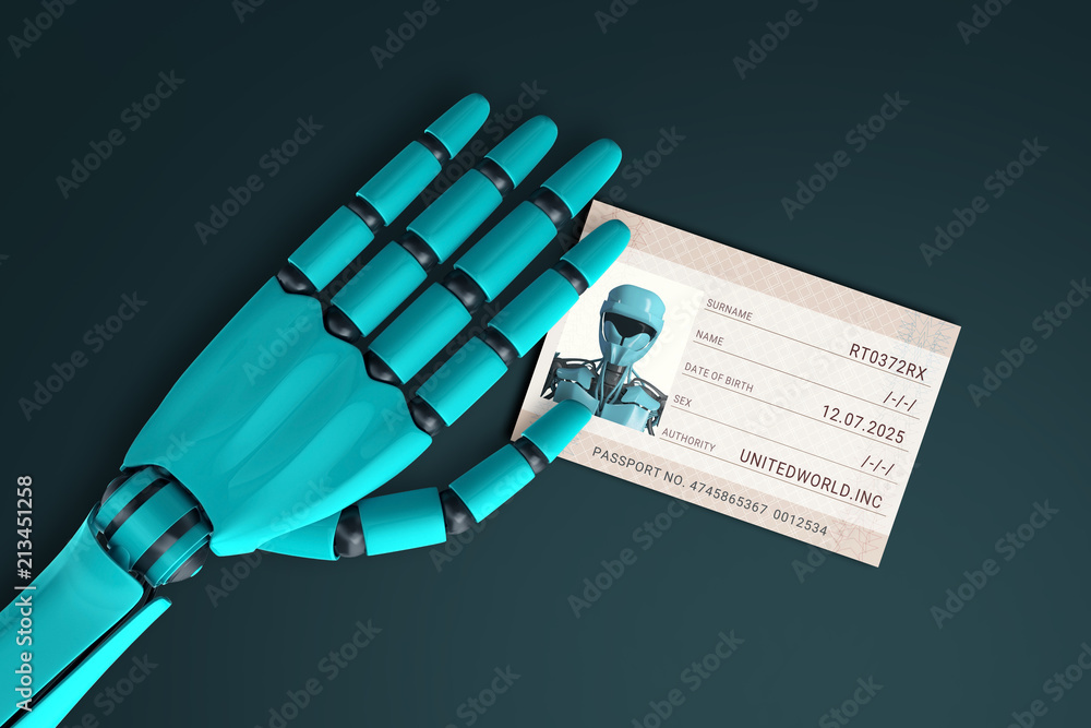 The robot's hand is lying on top of his passport with his photo and ...