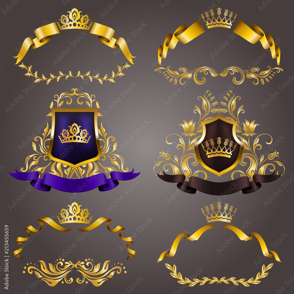 Set of gold vip monograms for graphic design on gray background ...