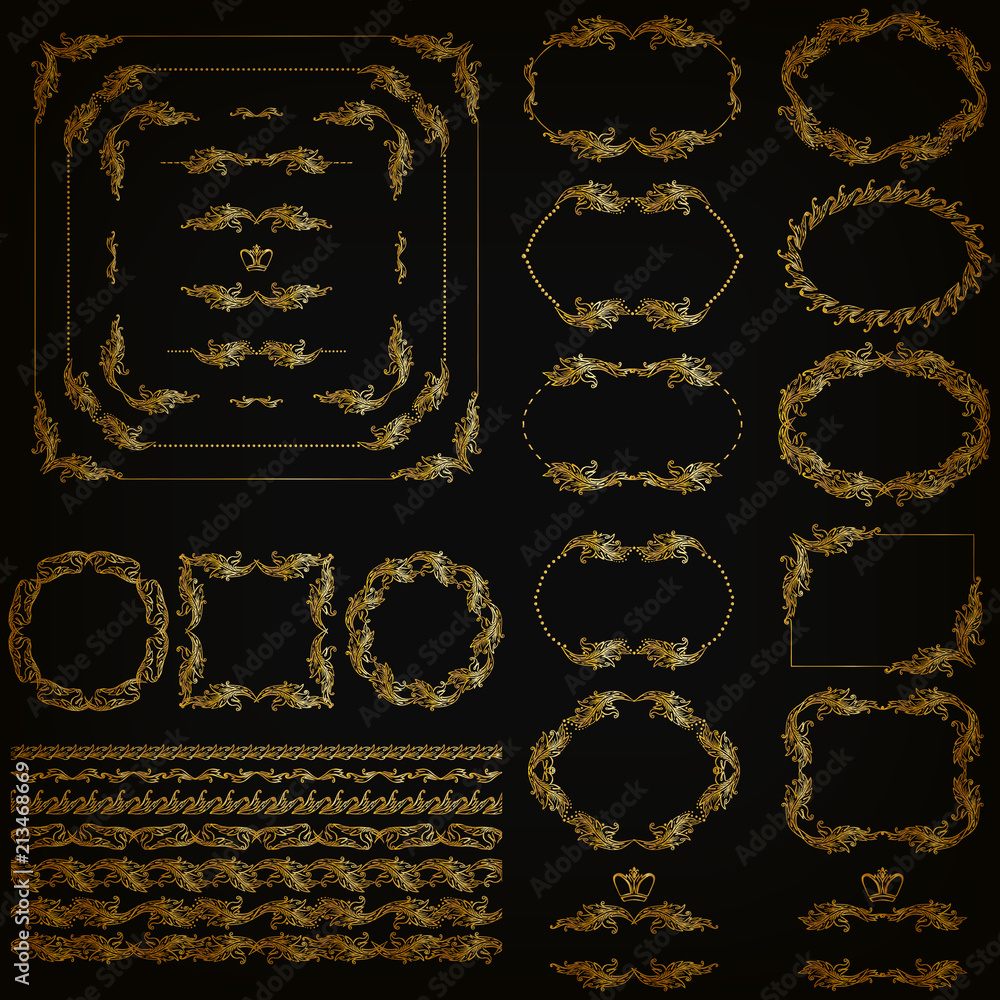 Set of gold decorative hand-drawn floral element, corner, seamless ...