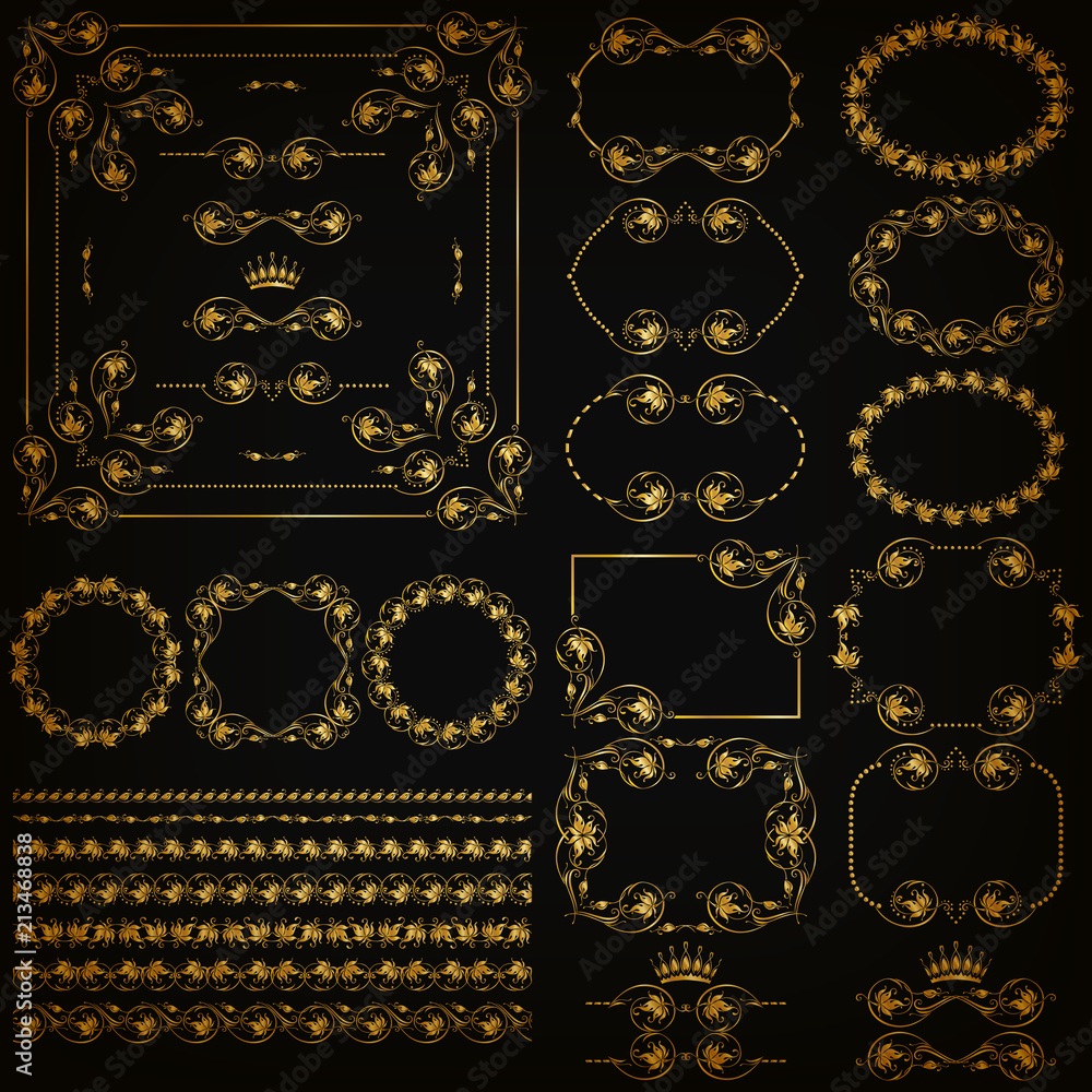 Set of gold decorative hand-drawn floral element, corner, seamless ...