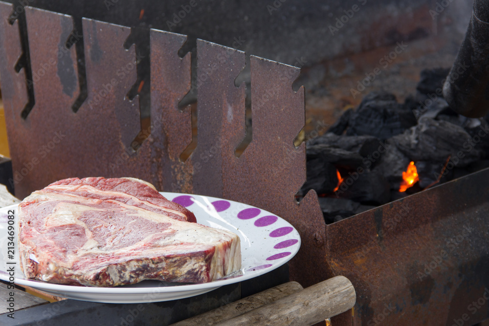 Raw t bone steak on white plate next to rusty grill with hot coal ...