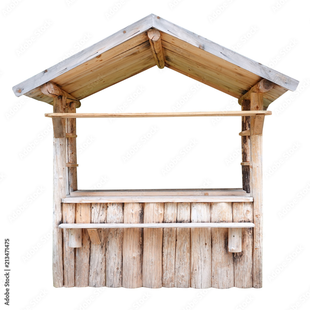 Wooden market stand stall made of raw wooden beams isolated on white ...