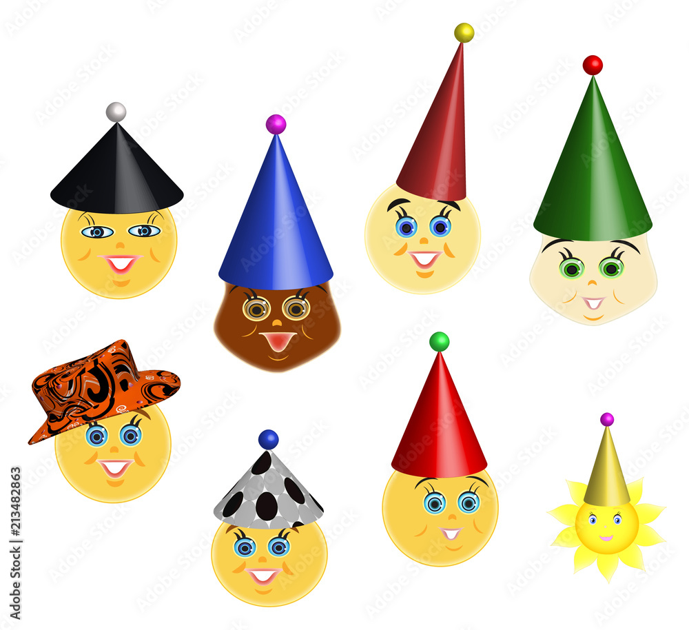 Party smileys in caps. The set of the hilarious cartoons celebrating ...