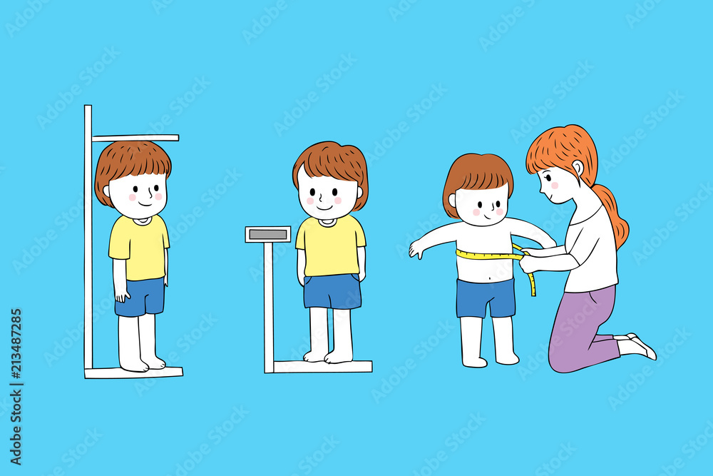 Cartoon cute boy is weighing and measuring the height vector. Stock ...