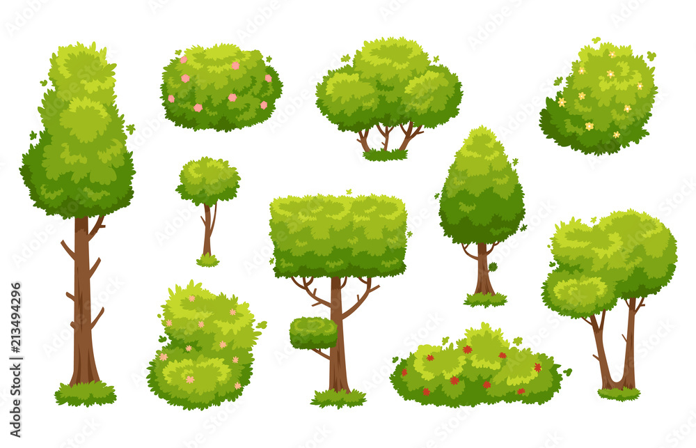 Cartoon trees and bushes. Green plants with flowers for vegetation ...