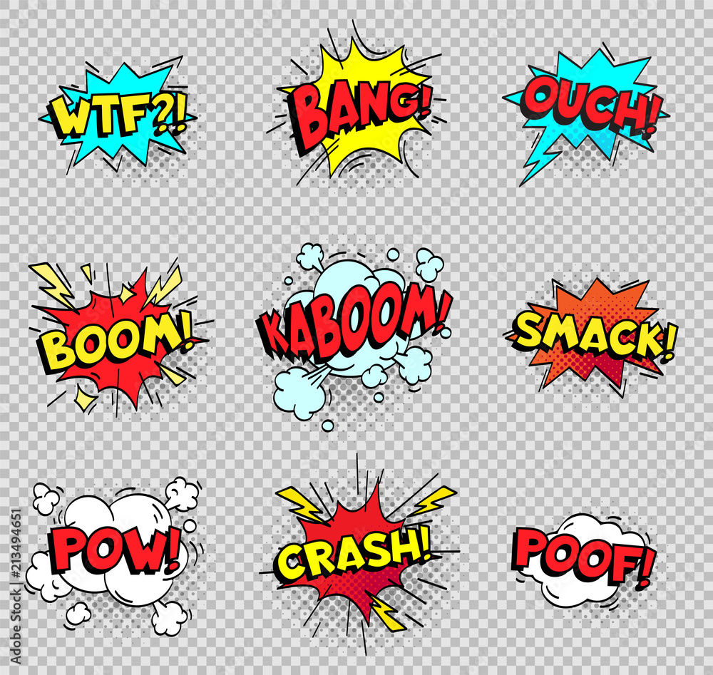Comic speech bubbles. Cartoon explosions text balloons. Wtf bang ouch boom smack pow crash poof ...