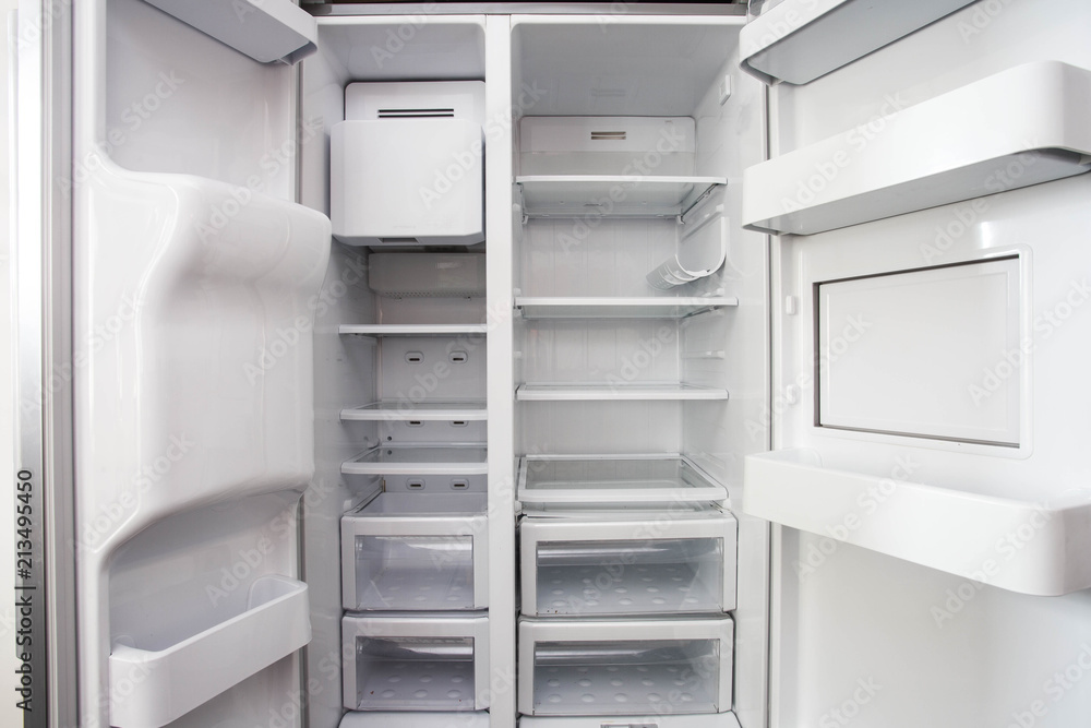 White open empty refrigerator. Weight loss diet concept. Stock Photo ... White open empty refrigerator. Weight loss diet concept. Stock Photo ...