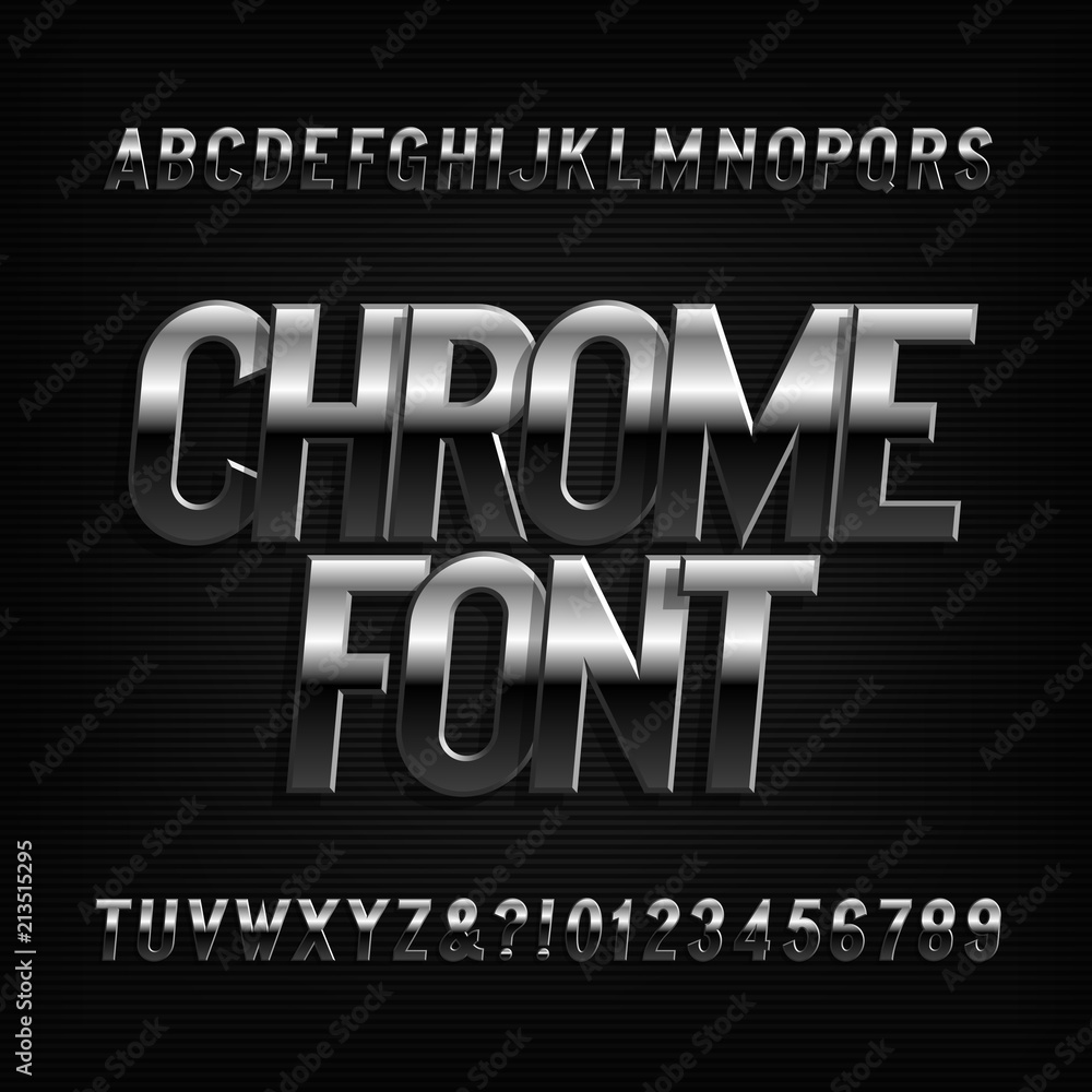 Beveled chrome alphabet font. Metal effect oblique letters and numbers ...