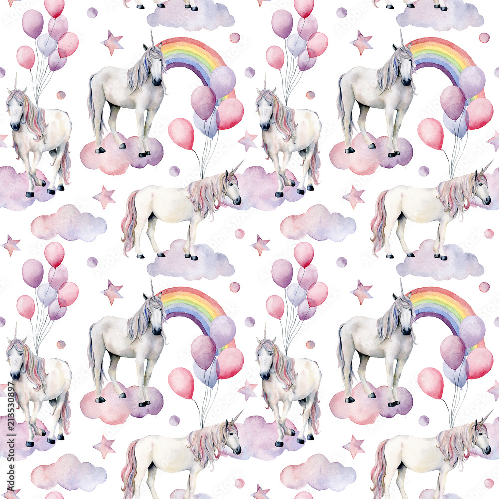 Watercolor seamless pattern with unicorns and rainbow. Hand painted ...