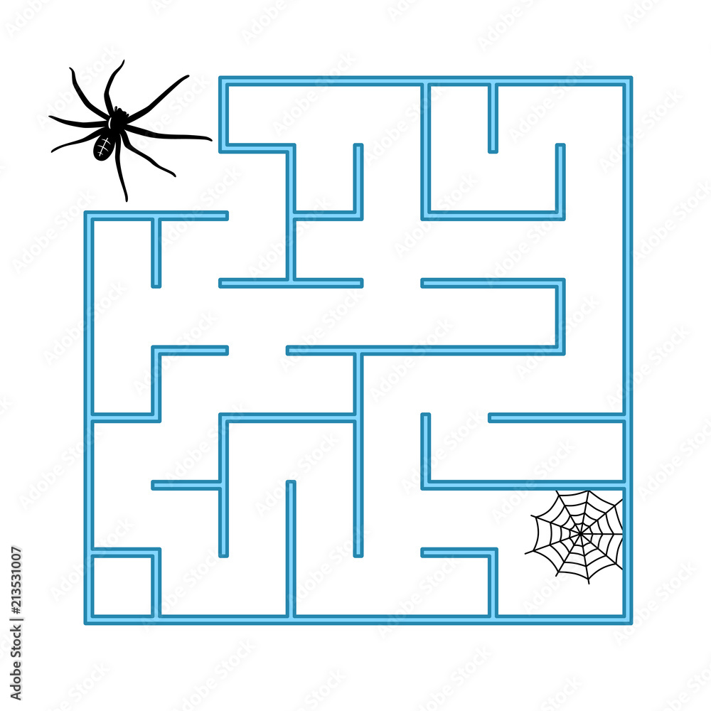 Maze for children. A black spider goes through a maze on the white ...