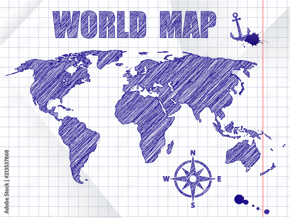 Blue ink sketched navigation world map on school notebook sheet ...