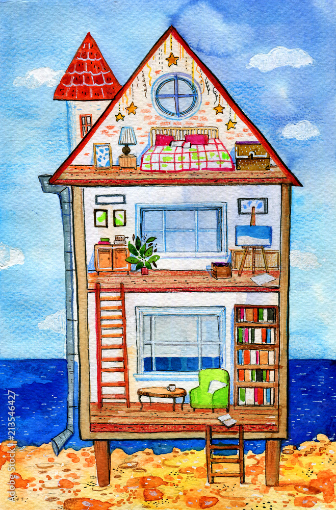 Inside view of three-story house with furniture and decorations. Hand ...