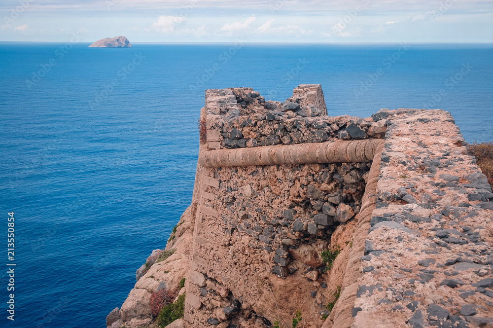 Ruins of Venetian fort on Imeri Gramvousa Island near island of Crete ...