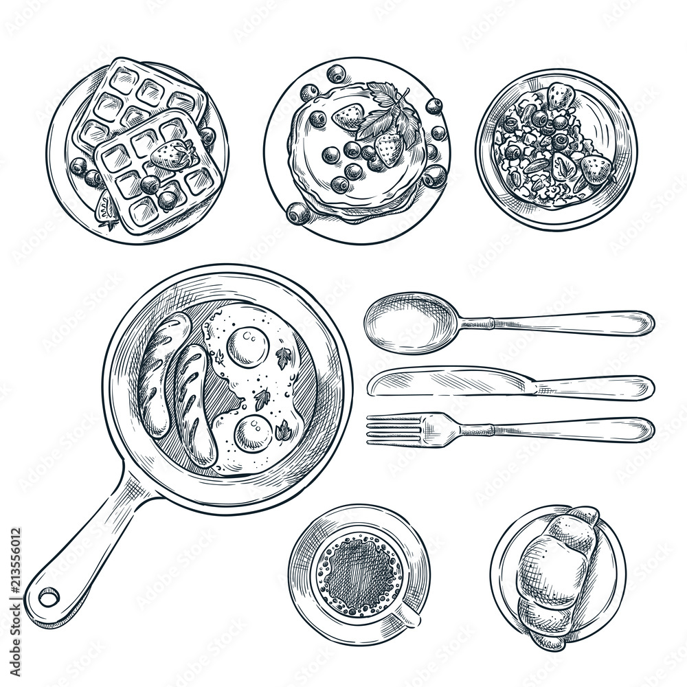 Cooking breakfast, vector top view sketch illustration. Set of isolated ...