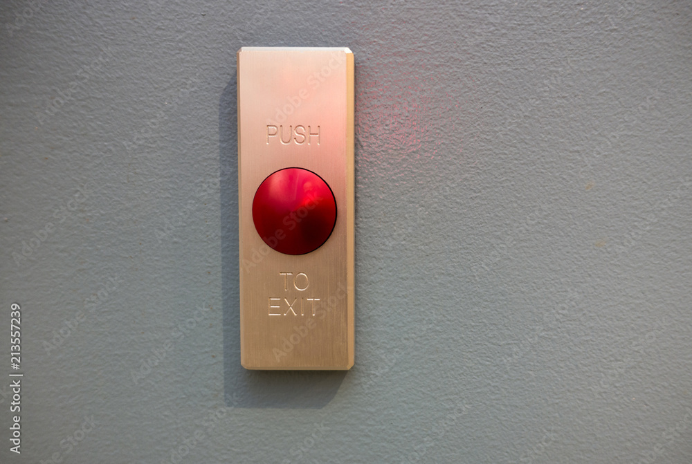 Big red metal button to press to exit. type press to exit Stock Photo ...