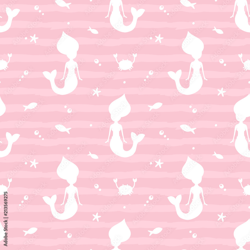 Cute pink seamless pattern background with sea life, underwater ...