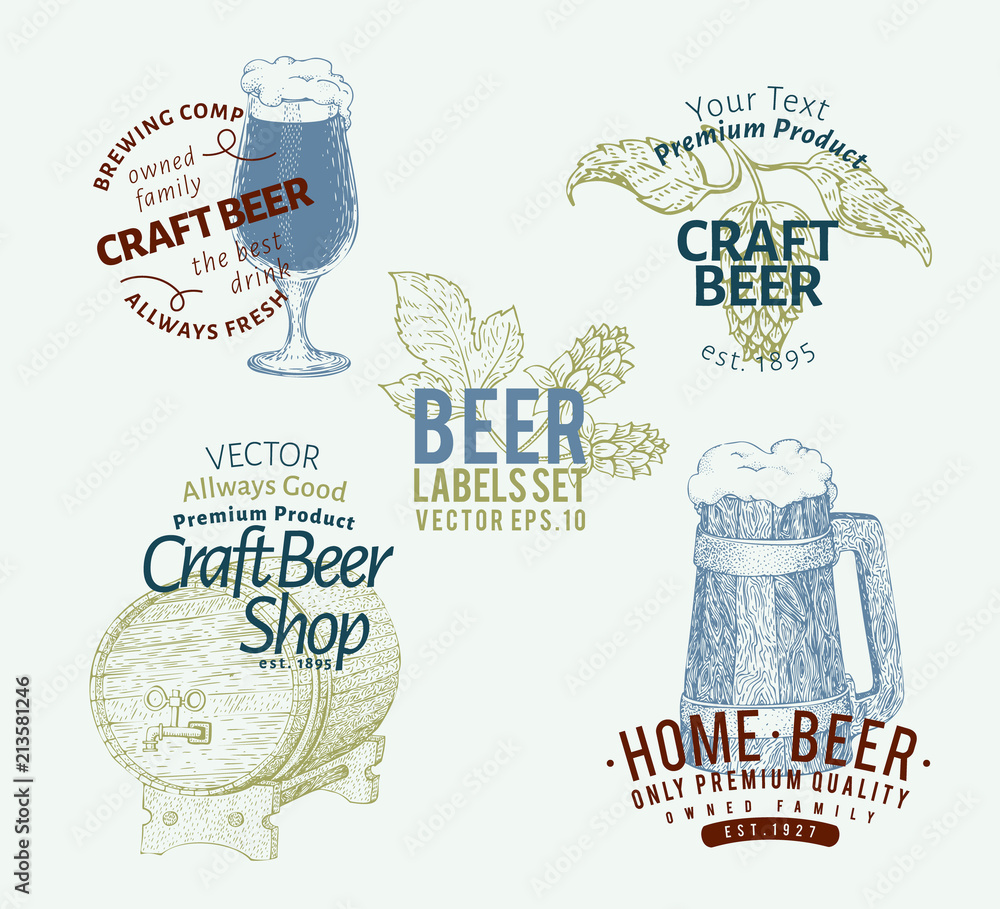Beer logo template set. Vector hand drawn illustrations. Vintage style ...