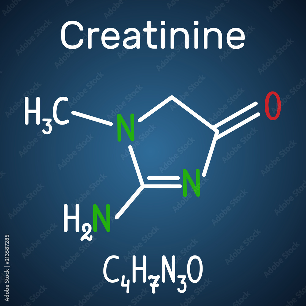 Creatinine molecule. Structural chemical formula and molecule model on ...