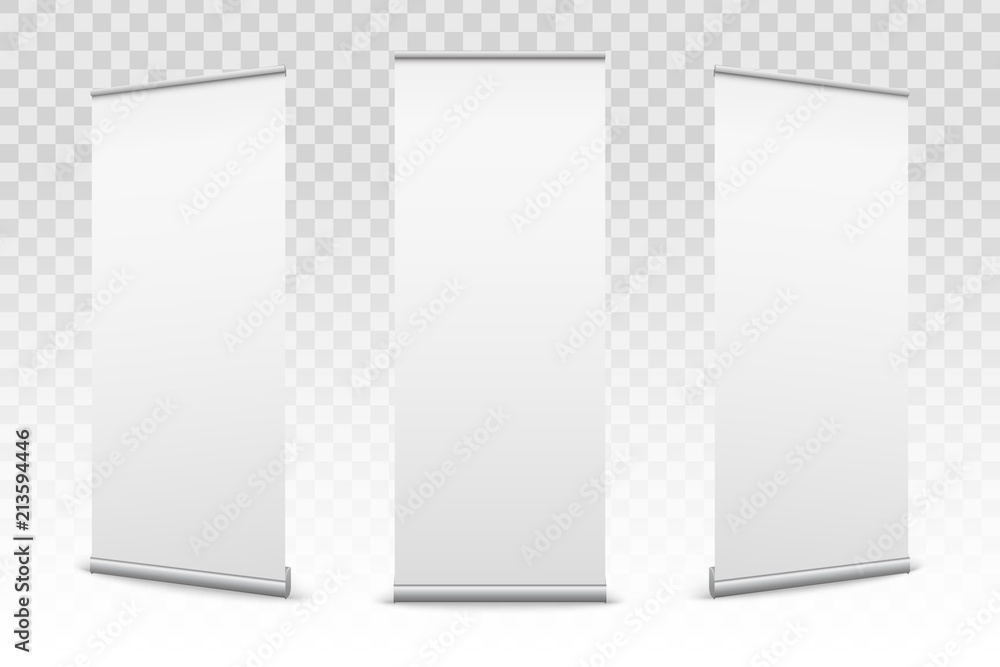 Creative vector illustration of empty roll up banners with paper canvas ...