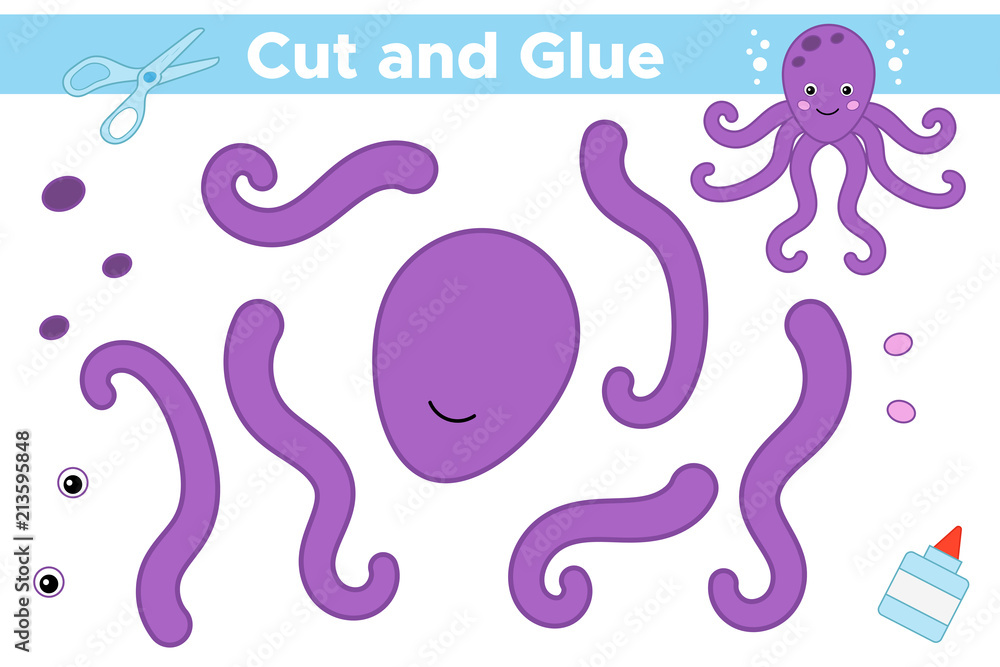 Cut and glue cartoon octopus. Educational game for preschool children ...