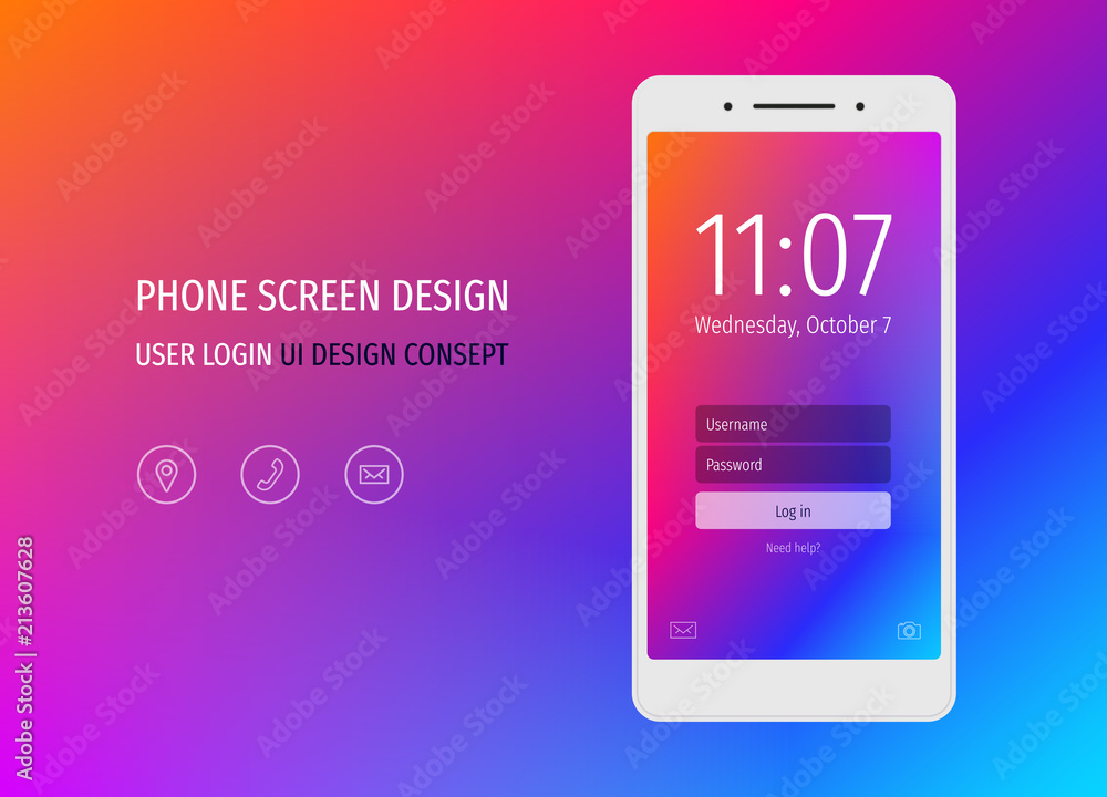 Mobile phone screen UI design mockup with abstract purple, blue ...