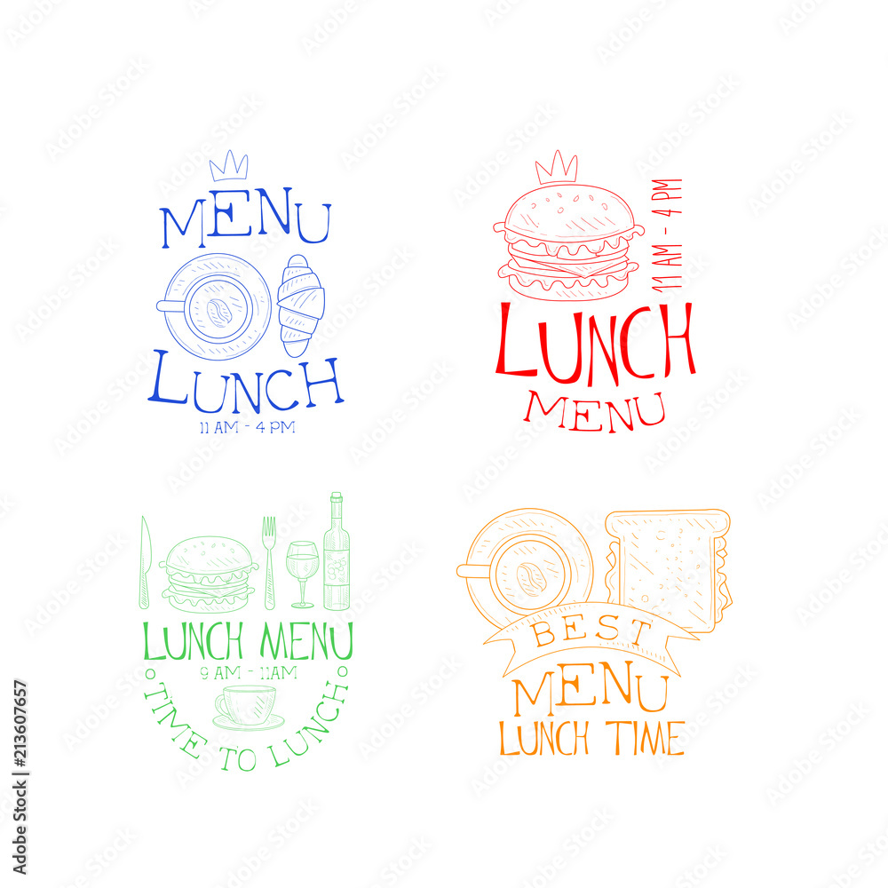 Vector set of 4 lunch emblems in different colors. Sketch style logo ...