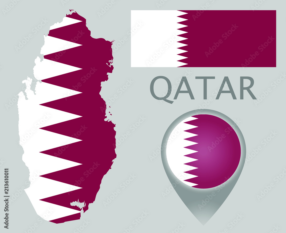 Colorful flag, map pointer and map of Qatar in the colors of the qatari flag. High detail ...