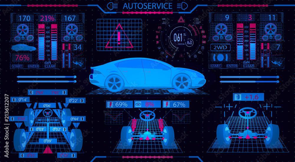 Car service. Graphical interface. Diagnostic alignment of the wheels ...