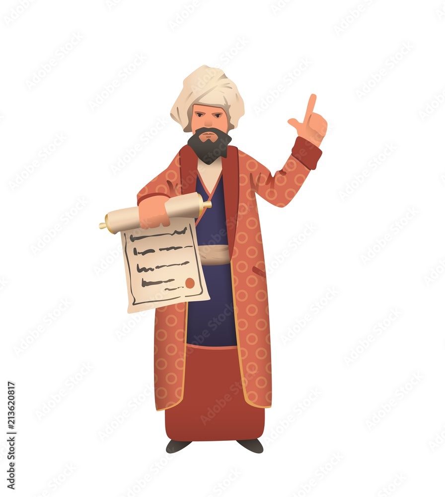 Wise vizier in white turban showing scroll and giving speech. Fairy ...