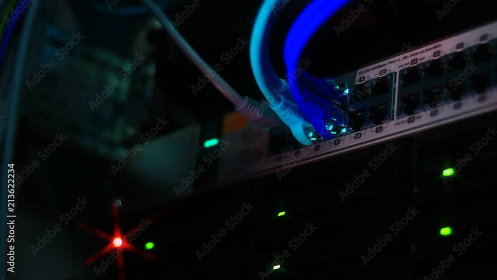 Working LAN switch with blinking LED lights, sending and receiving data ...