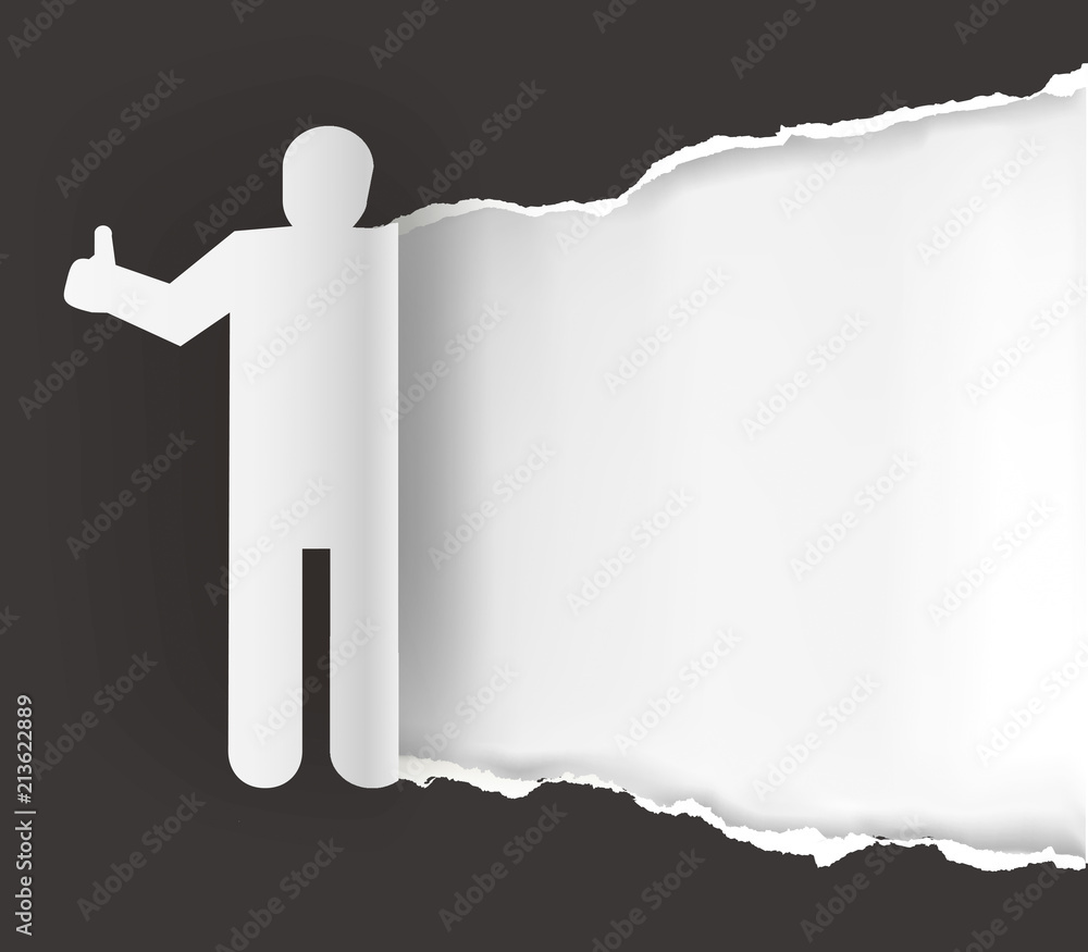 Man with thumbs up ripped paper background. Symbol of man with thumbs ...