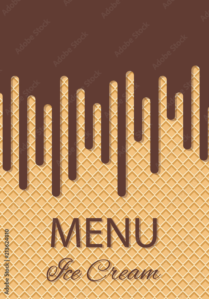 Chocolate ice cream flowing over waffle texture background . Cafe menu ...