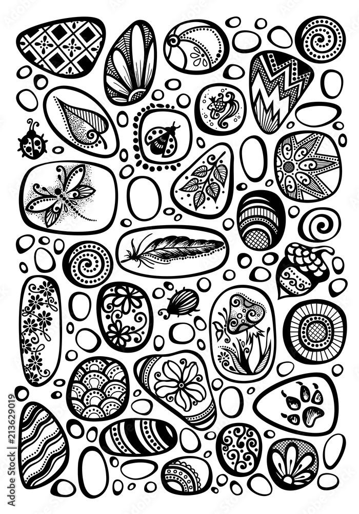 Collection of Decorative Sea Pebbles with Ornaments. Detailed Pebble ...