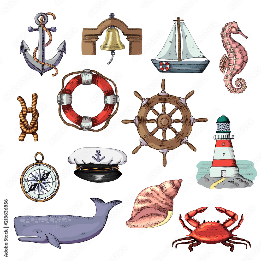 Sea vector marine or nautical symbols lighthouse and ship or sailboat ...