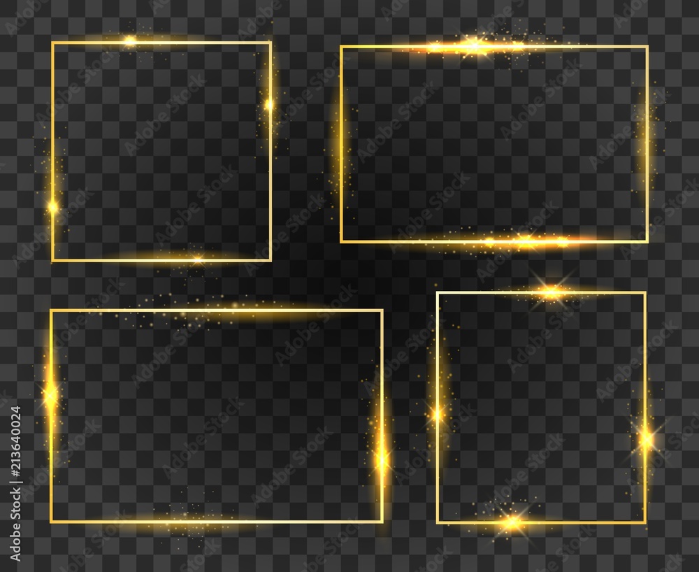 Glow frames. Golden shiny frame set isolated on transparent background, gold fashion glowing ...