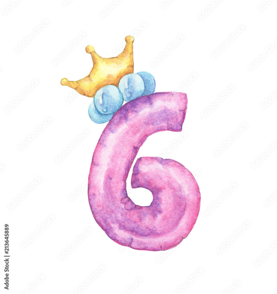Watercolor cute number 6. number six with crown isolated on white ...