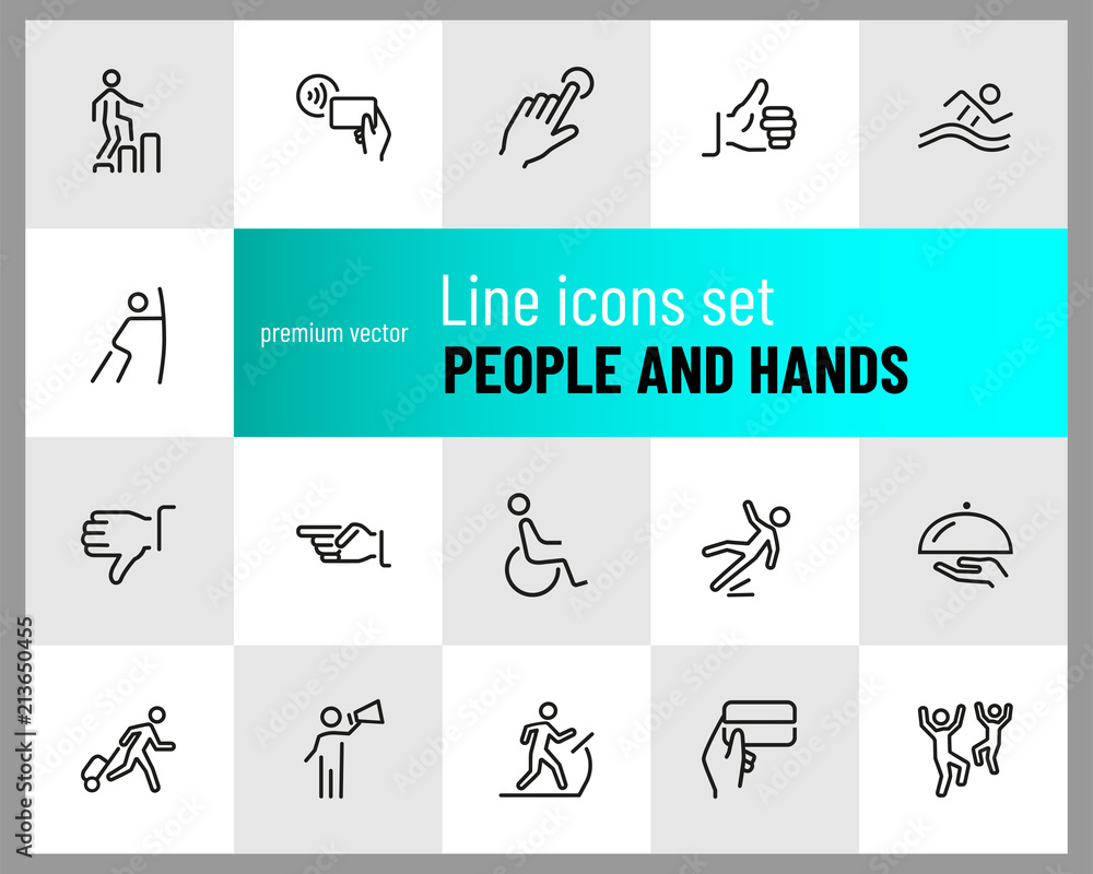 People and hands icons. Set of line icons. Approval, gym, disabled man ...