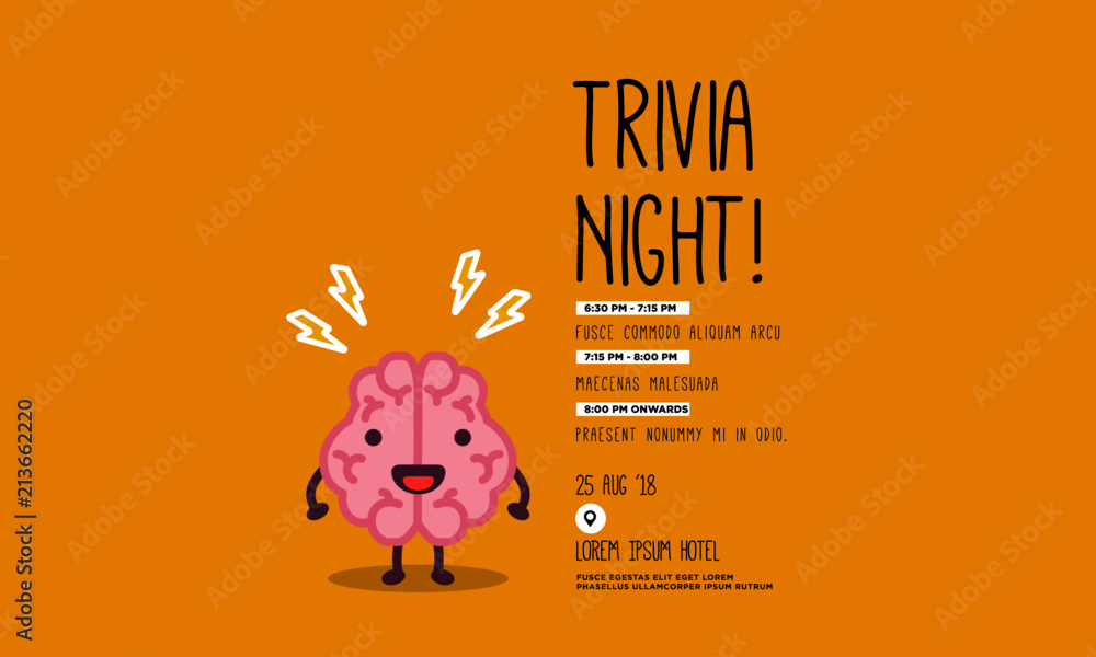 Trivia Night Poster with Brain Cartoon Vector Illustration with Text ...