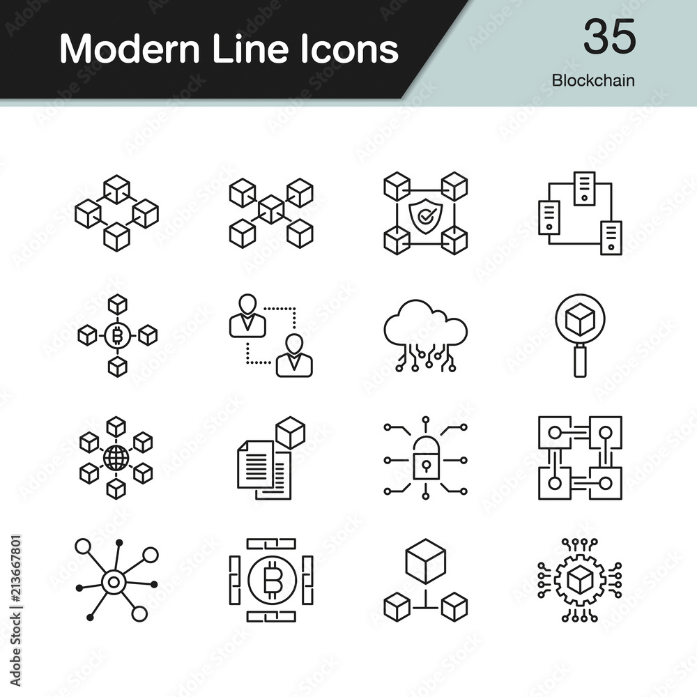 Blockchain icons. Modern line design set 35. For presentation, graphic ...