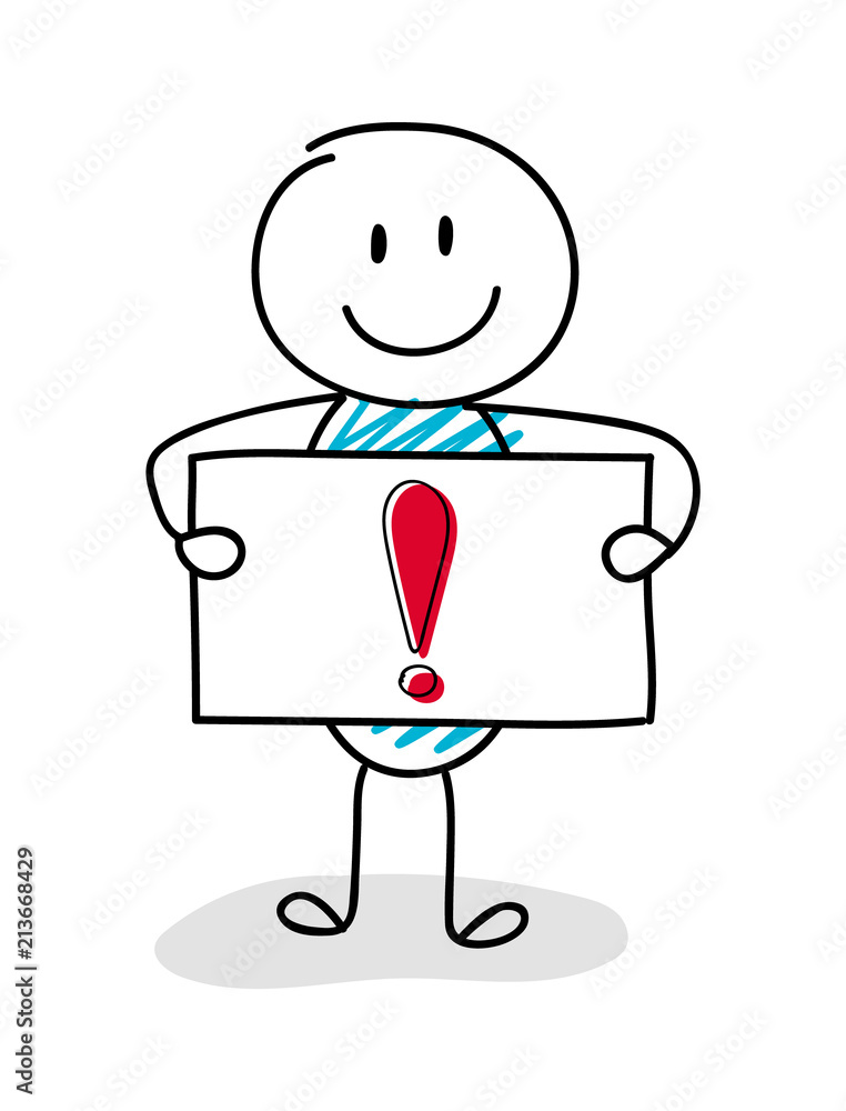 Smiley stickman holding board with exclamation point icon. Vector ...