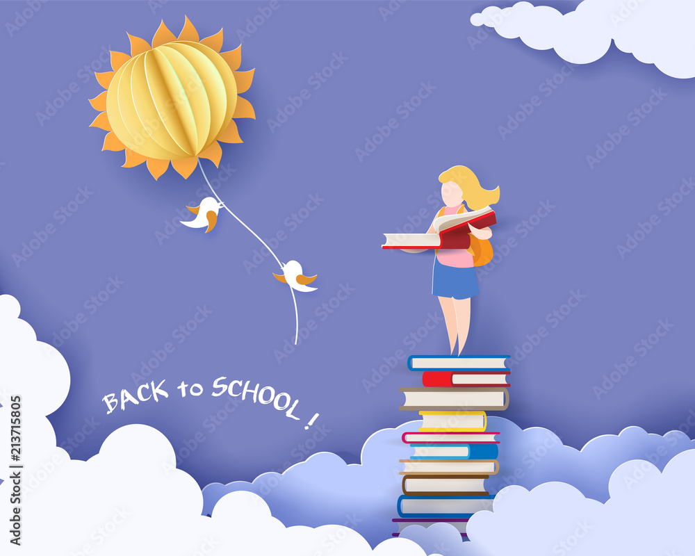 Back to school 1 september card with girl, books and sun on blue sky ...