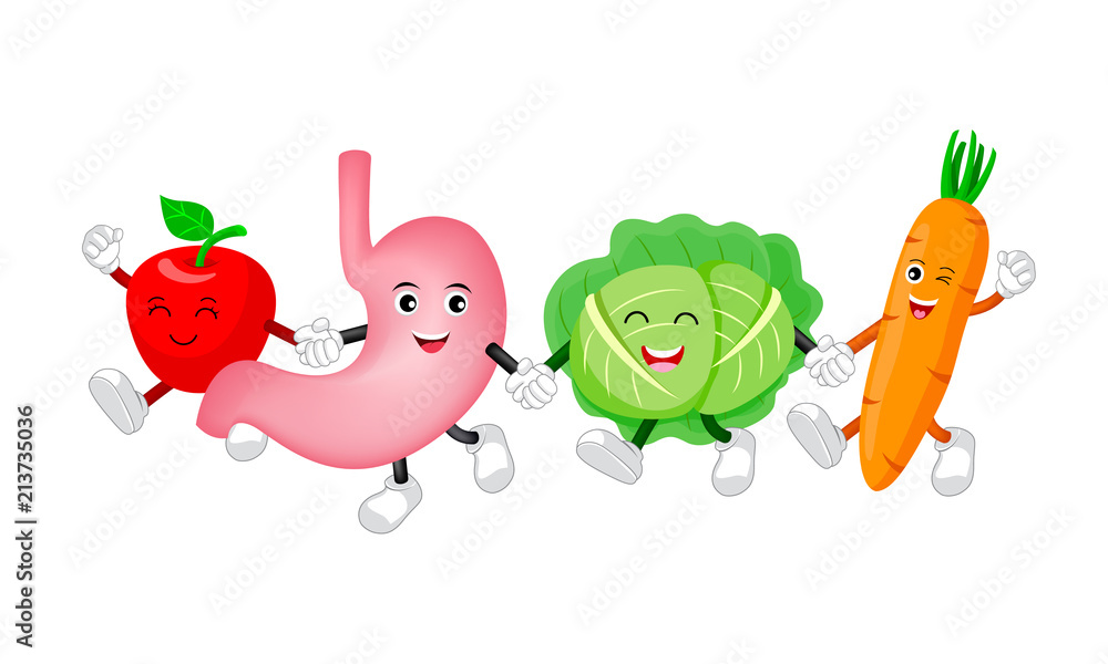 Happy healthy stomach character with cabbage, apple and carrot. Cute ...