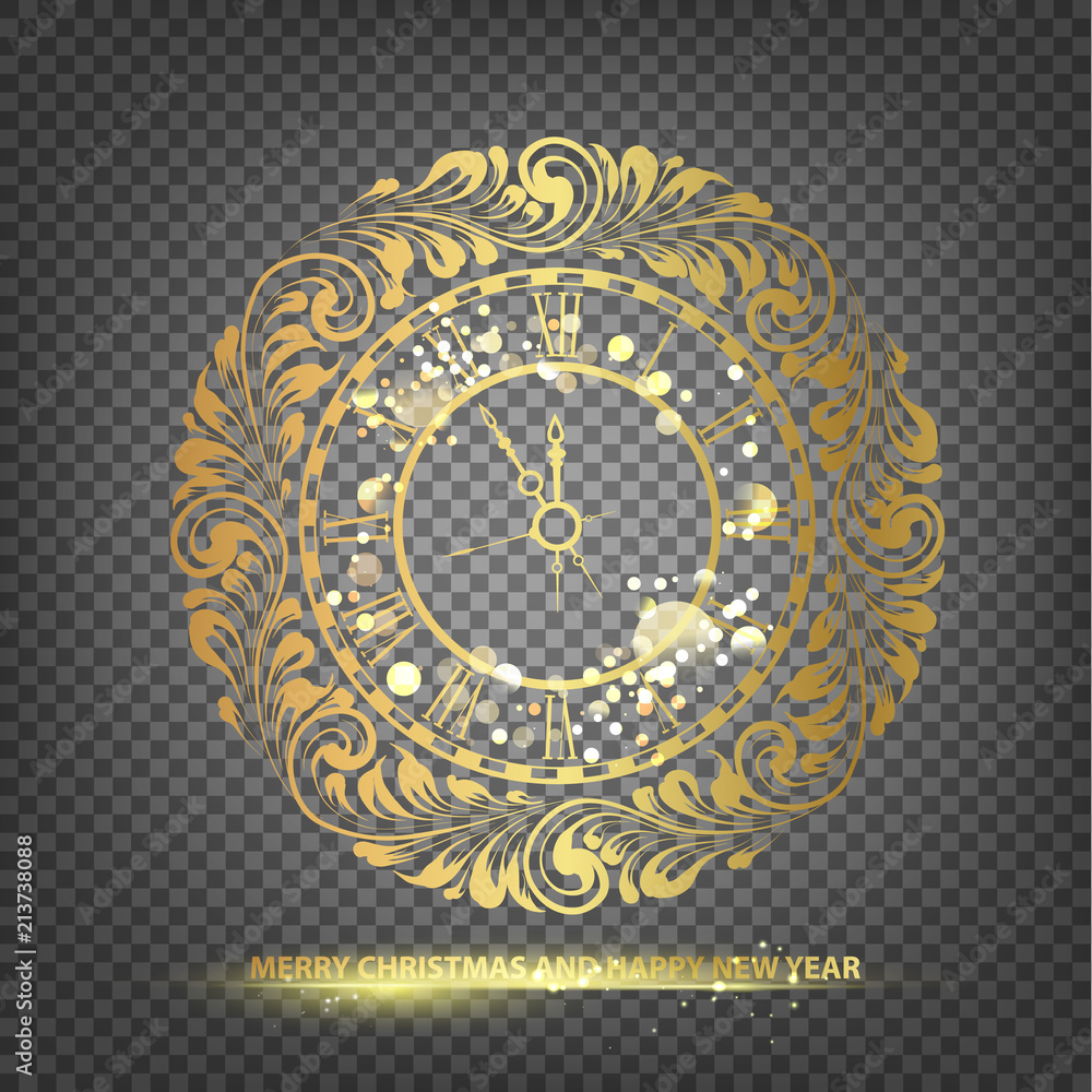 Golden clock - symbol of 2019 year. Golden christmas clock decoration ...