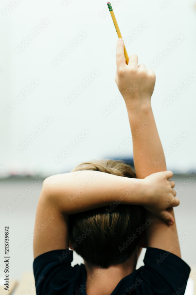 elementary student raises his hand in class Stock Photo | Adobe Stock