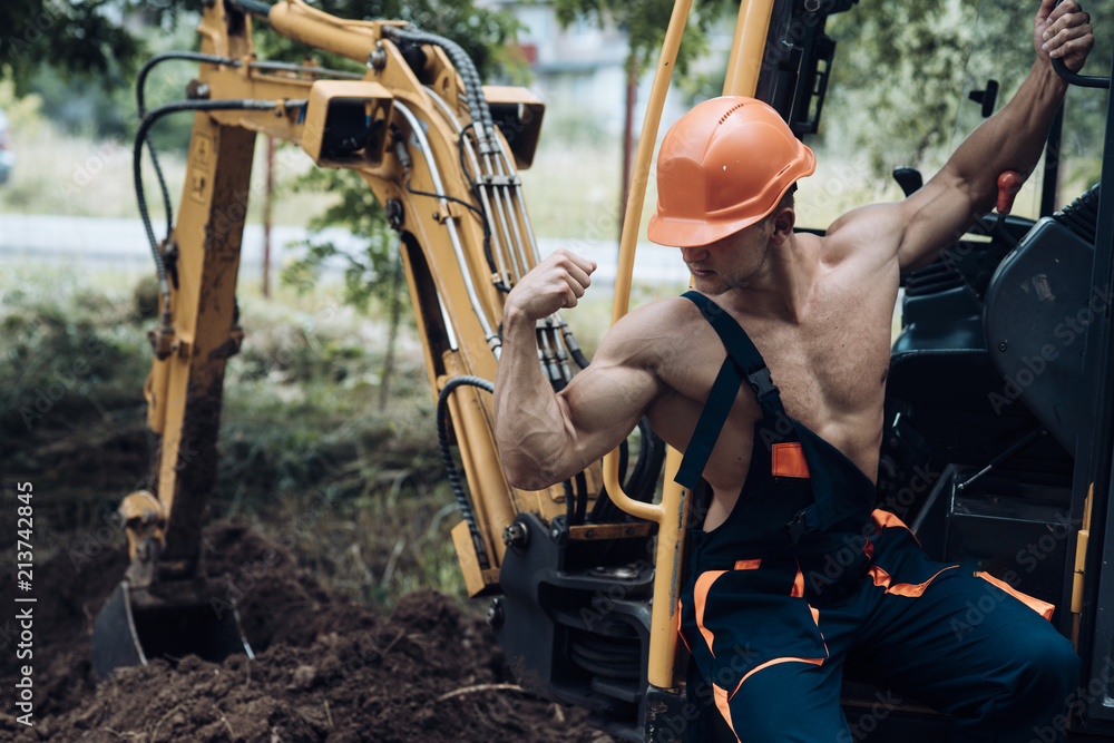 Employee concept. Employee flex biceps and triceps muscle. Strong ...