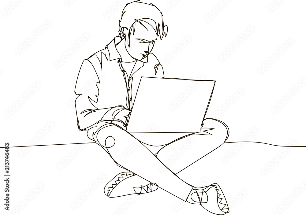 man sitting with computer laptop - single line drawing. continuous line ...